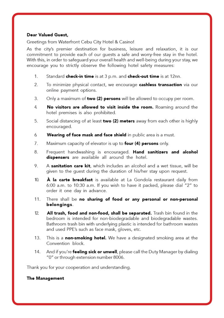 FO - Welcome Letter - Waterfront Hotels & Casino