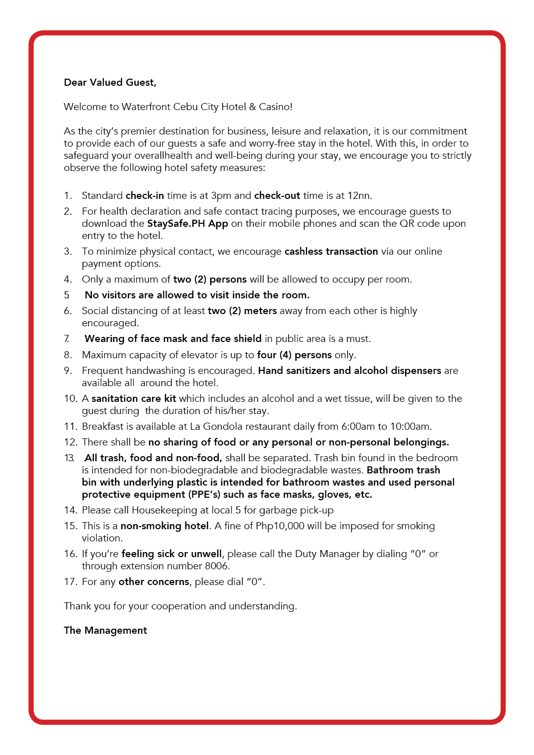 FO - Welcome Letter - Waterfront Hotels & Casino