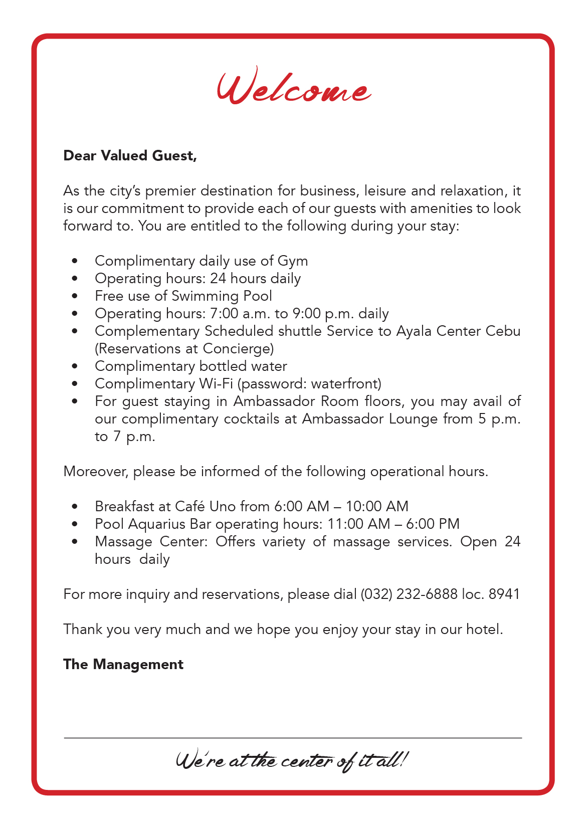 FO – Welcome Letter – Waterfront Hotels & Casinos